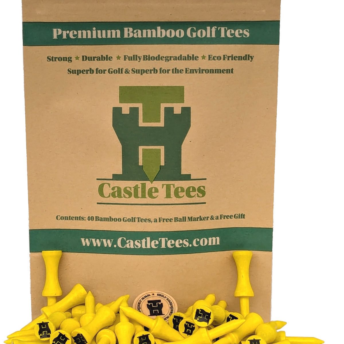 Yellow Castle Tees – 40 x 45mm 1 ¾ inch Yellow Premium Bamboo Golf Tee ...